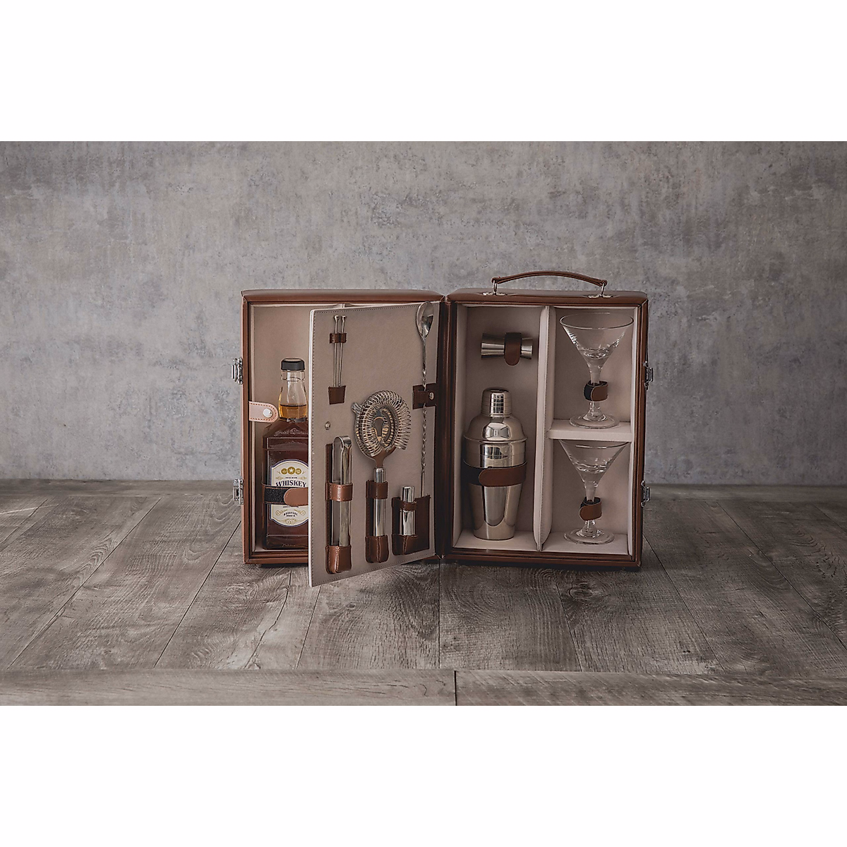 LEGACY - a Picnic Time brand Manhattan Case, Stainless Steel Cocktail Shaker Set, Premium Tools, Bar Accessories, and Bartender Kit, One Size, Mahogany with Tan Accents