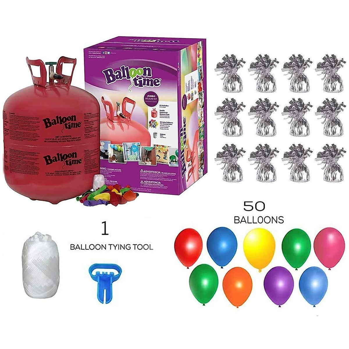 BLUE RIBBON, Helium Tank with 50 Balloons and White Ribbon + 12 Silver Balloon Weights + Plus Balloon Tying Tool and Flower Clips