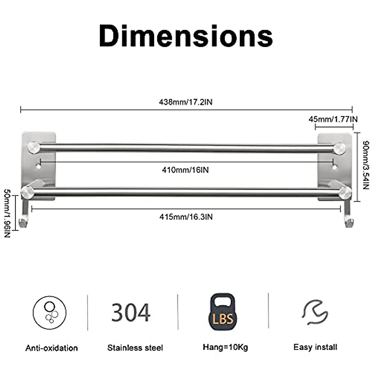 NearMoon Double Towel Bar with Hooks, Bath Accessories Stainless Steel Shower Towel Rack, Towel Rod Holder for Bathroom/Kitchen, Self Adhesive&Wall Mounted Installation (Brushed Nickel, 16 Inch)
