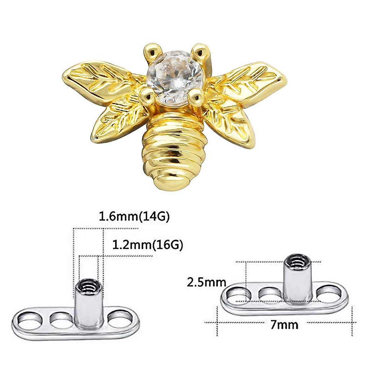 Excepro 1Pcs Dermal Anchor G23 Titanium Multicolor Plated Bees CZ Body Jewelry Anchor Dermal Tops (Yellow gold plated)