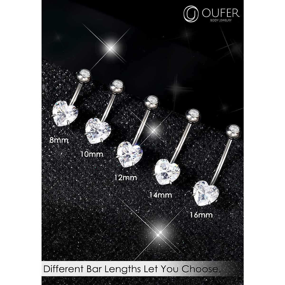 OUFER 14G Belly Rings, Long Belly Button Rings, G23 Solid Titanium Belly Piercing Jewelry, Heart Shaped Navel Piercing Jewelry, Belly Rings for Women Men-16mm