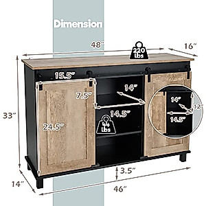 LOKO Farmhouse Buffet Cabinet with Storage, Rustic Bar Cabinet with 2 Sliding Barn Doors, Kitchen Sideboard Storage Cabinet with Adjustable Shelves, 48 x 16 x 33 inches