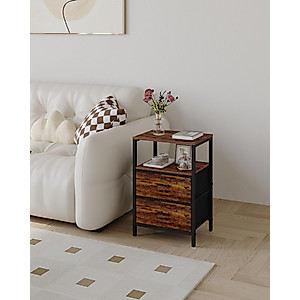 Hzuaneri End Table, Nightstands with 2 Fabric Storage Drawers and Shelves, Side Table, Bedside Tables with Open Storage Shelf for Bedroom, Office, Rustic Brown NS30701B