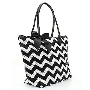 NGIL Quilted Chevron Striped Print Tote Bag Aqua Blue & Black