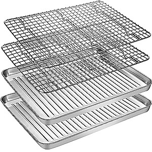 Baking Sheet Tray with Cooling Rack Set (2 Pans + 2 Racks), Stainless Steel Cookie Pan with Cooling Rack For Oven, Nonstick Baking Pan, Warp Resistant & Heavy Duty & Rust Free, Size 16 x 12 x 1 Inches