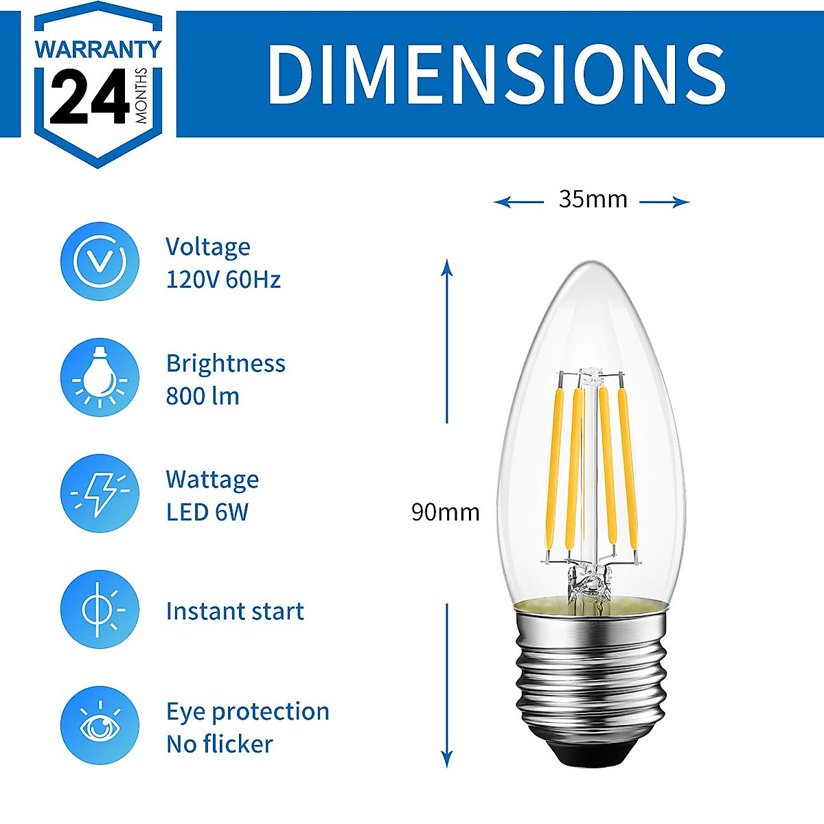 ANWIO B11 Filament Bulb E26 Base Non-Dimmable 6W(60W Equivalent) 2700K Warm White Chandelier Decorative Candle Light Bulb 6 Pack