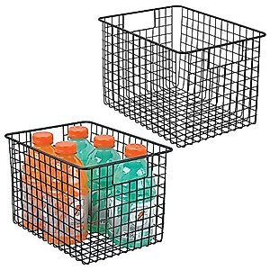 mDesign Metal Wire Food Storage Basket Organizer with Handles for Organizing Kitchen Cabinets, Pantry Shelf, Bathroom, Laundry Room, Closets, Garage - Concerto Collection - 2 Pack - Black