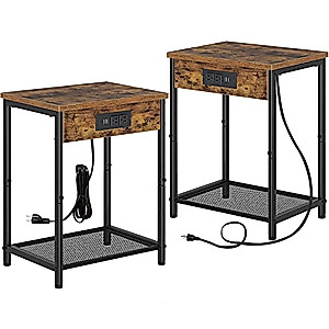Rolanstar End Table Set of 2 with Charging Station, Small Side Table with USB Ports & Storage Shelf for Small Space, Living Room, Nightstand Bedside, 2-Tier Sofa Table for Bedroom