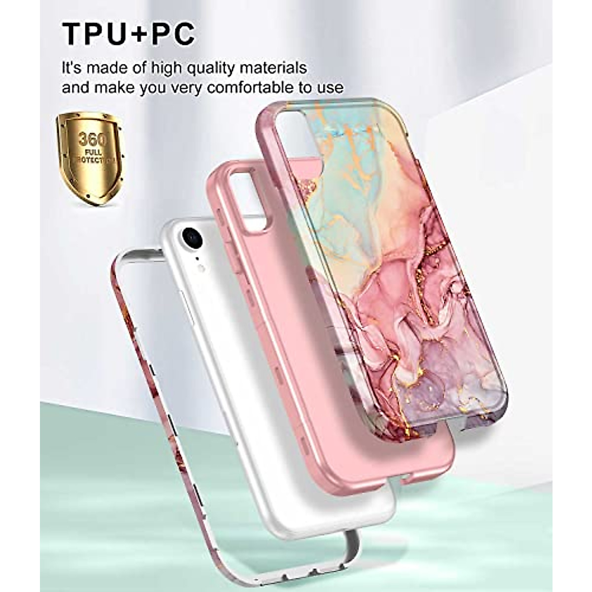 Btscase Compatible with iPhone XR Case, [5 in 1] with 2 Pack Screen Protector + 2 Pack Camera Lens Protector, Stylish Marble Full Body Three Layer Rugged Shockproof Protective Cover, Rose Gold