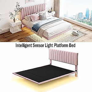 RIDFY Queen Floating Bed Frame with LED Lights/Headboard, Modern Velvet Fabric Platform Bedframe, Mattress Foundation Camas/Wood Slat Support/No Box Spring Needed/Noise Free,Pink