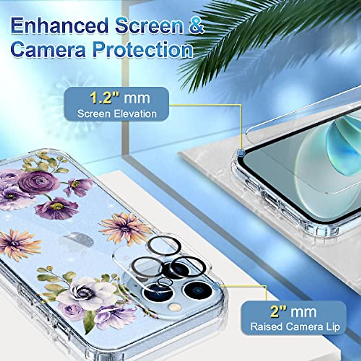Lamcase iPhone 13 Pro Max Floral Case - 2 Screen + 2 Camera Protectors, Clear Bling Sparkly Hard PC, Slim, Drop & Shockproof