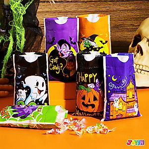 JOYIN 60 Pcs Halloween Drawstring Treat Bags, Goodie Candy Trick or Treat Bags Bulk, 6 Design Goody Bags for Trick or Treating, Small Plastic Snack Gifts Bags for Kids Halloween Party Favors Supplies
