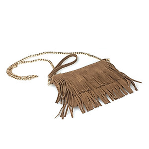 HOXIS Fringe Cross Body Bag Womens Small Shoulder Bag Top Zip Wristlet Brown