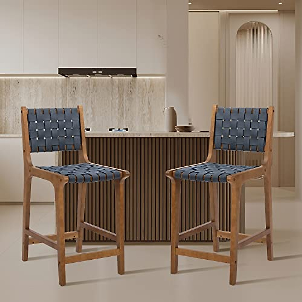 CangLong, Set of 2，Dark Grey Counter Stool Barstool 24 Inch Seat Height Faux Leather Straps