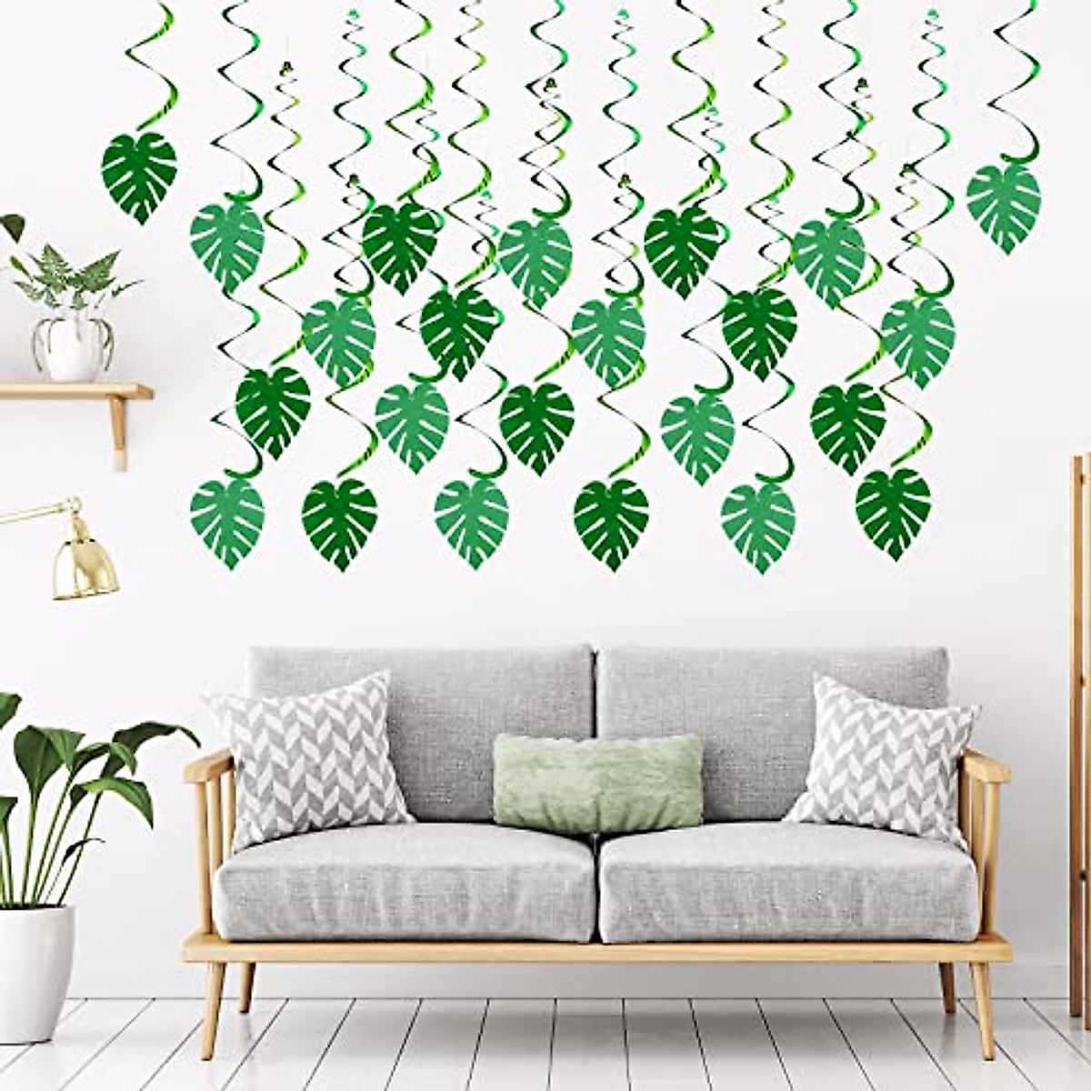 32 Pcs Palm Leaves Party Swirl Decorations Hanging Ceiling Green Decoration Swirls Luau Tropical Party for Hawaiian Baby Shower Birthday Supplies (Cute Style)