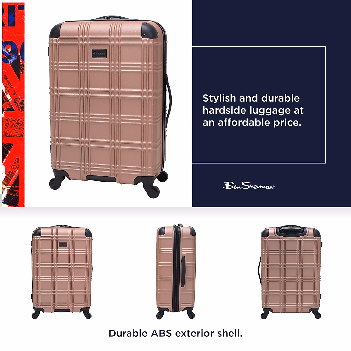Ben Sherman Nottingham Lightweight Hardside 4-Wheel Spinner Travel Luggage, Rose Gold, 24-Inch Checked