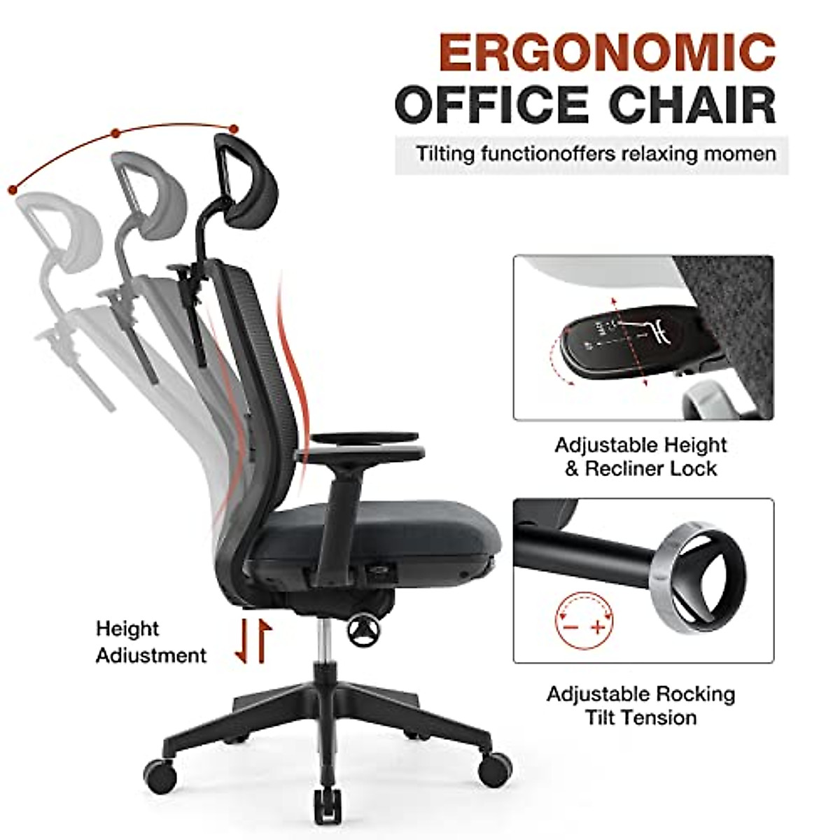 Home Office Desk Chair Ergonomic High Back Office Chair Mesh Office Chair Reclining Computer Chair Swivel Rolling Task Chair with Wheets, Coat Hanger and Adjustable Headrest Armrest, Grey