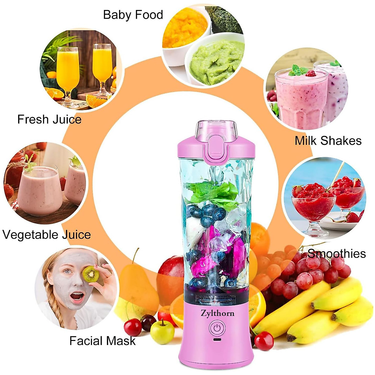 ZYLTHORN Portable Blender,Personal Size Blender for Shakes and Smoothies with 6 Blades,20 Oz Mini fresh juicer Blender Cup USB rechargeable with Travel Lid for Home,Office & Gym (Purple)