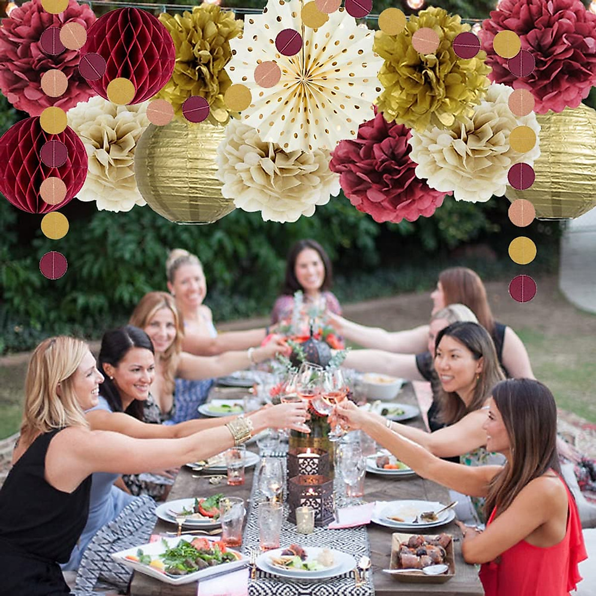 Maroon and Gold Graduation Decorations 2024 Burgundy Party Decorations Paper Pom Poms Lanterns Rose Gold Glitter Dots Hanging Party Garland for Burgundy Birthday Bridal Shower Bachelorette Party Decor