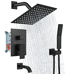 Aolemi Rainfall Shower System 8 Inch Matte Black Shower Head Combo Set with Tub Filler Handheld Shower Luxury Rough-in Valve Included Wall Mount Bathroom Shower Mixer Faucet