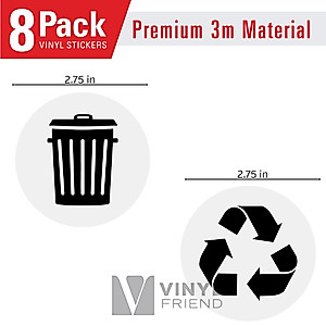 Recycle and Trash Logo Stickers 8 Pack - 2.5in Circle - for Metal or Plastic Garbage cans, and Bins - Indoor & Outdoor - Laminated and UV Protected Premium Decal (White, XSmall)