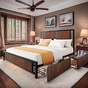YITAHOME Queen Size Bed Frame with 4 Drawers, Metal Platform Bed with Storage, Rustic Wooden Headboard Mattress Foundation No Box Spring Needed, Vintage Brown