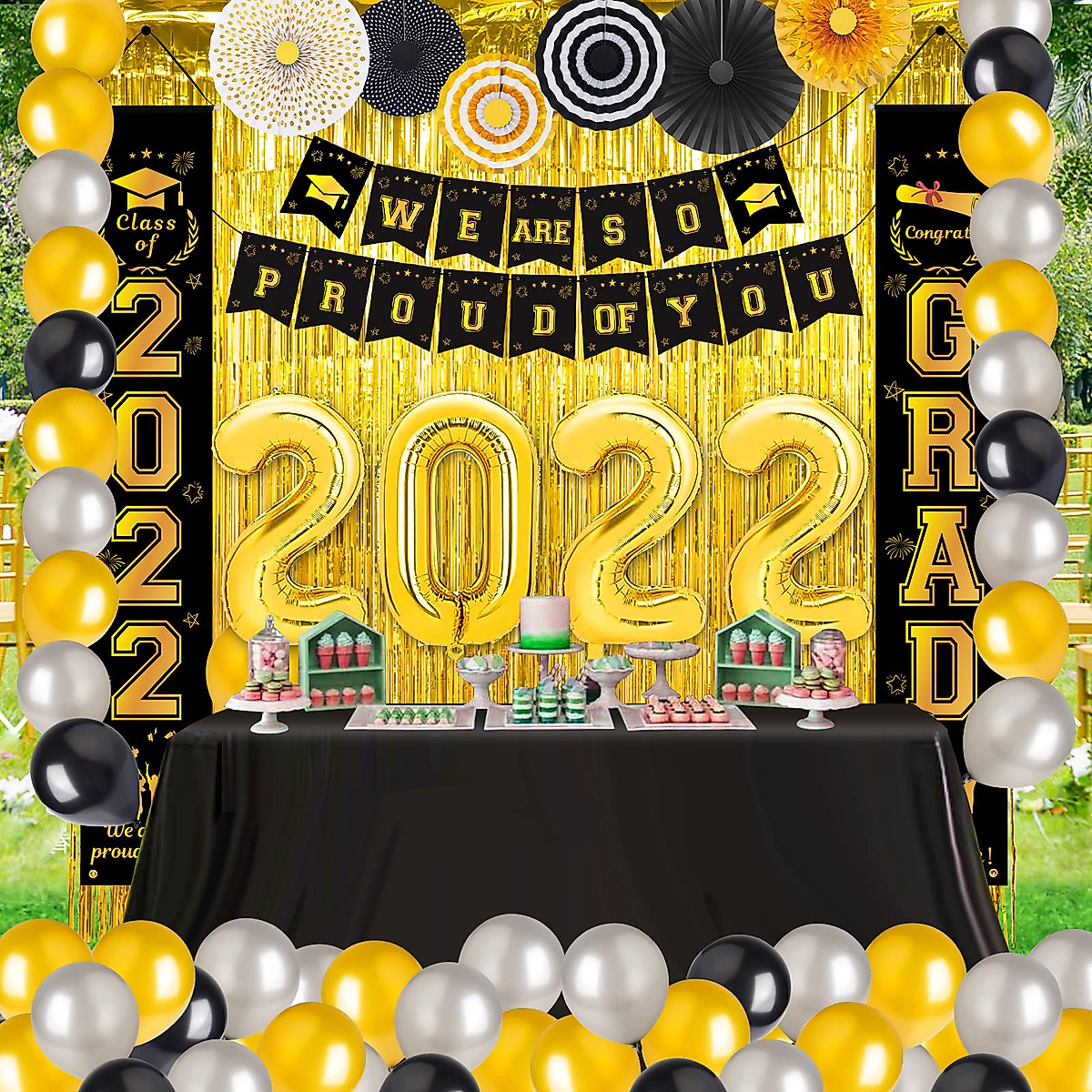 2022 Graduation Decorations kit -black and gold Graduation Party Decorations Supplies,Congrats Grad Banners,Balloons, Porch Sign,Foil Curtains,Huge 2022 School Graduation Party Set,48 Pcs