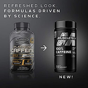 Caffeine Pills, MuscleTech 100% Caffeine Energy Supplements, PreWorkout Mental Focus + Energy Supplement, 220mg of Pure Caffeine, Sports Nutrition Endurance & Energy, 125 Count (Package may vary)