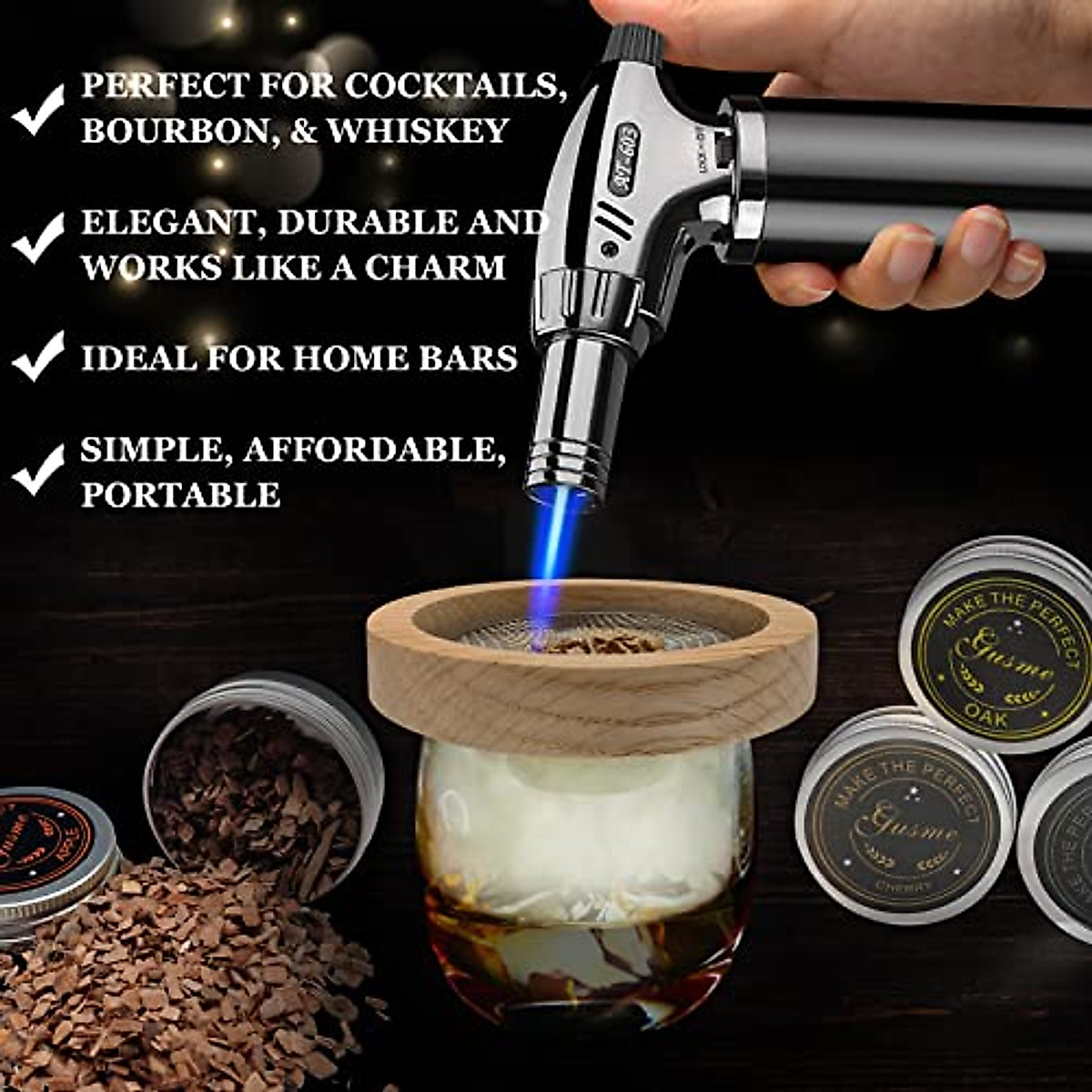 Cocktail Smoker Kit With Torch, Bourbon Smoker Kit Include Four Flavors Wood Chips,Drink Smoker, Whiskey Smoker Gifts For Men, Dad, Husband (Without Butane)