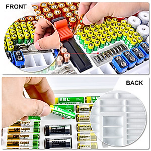 Battery Organizer Storage Holder Case with Double-Sided, Garage Box with Tester Checker. Batteries Container for 269pcs AA AAA AAAA 3A 4A 9V C D Lithium 4LR44 CR2 CR123A CR1632 CR2032 18650 - White