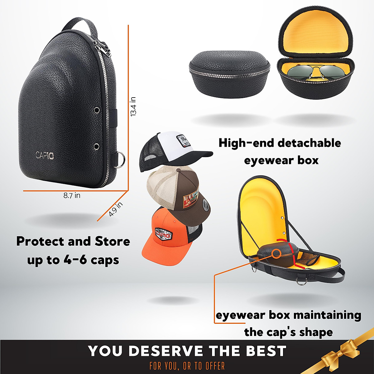 CAP10 Premium Hat Travel Case & Box - Superior Vegan Leather Cap Carrier & Organizer for Baseball Caps, New Era | Stylish Travel Hat Box for Ultimate Storage & Protection, Detachable Eyewear Box