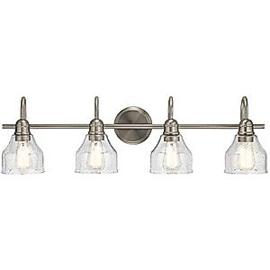 Kichler Avery 33.25" Vanity Bath Light in Brushed Nickel, Vintage 4-Light Bathroom Wall Mount Fixtured with Clear Seeded Glass, (24" W x 9.25" H), 45974NI White