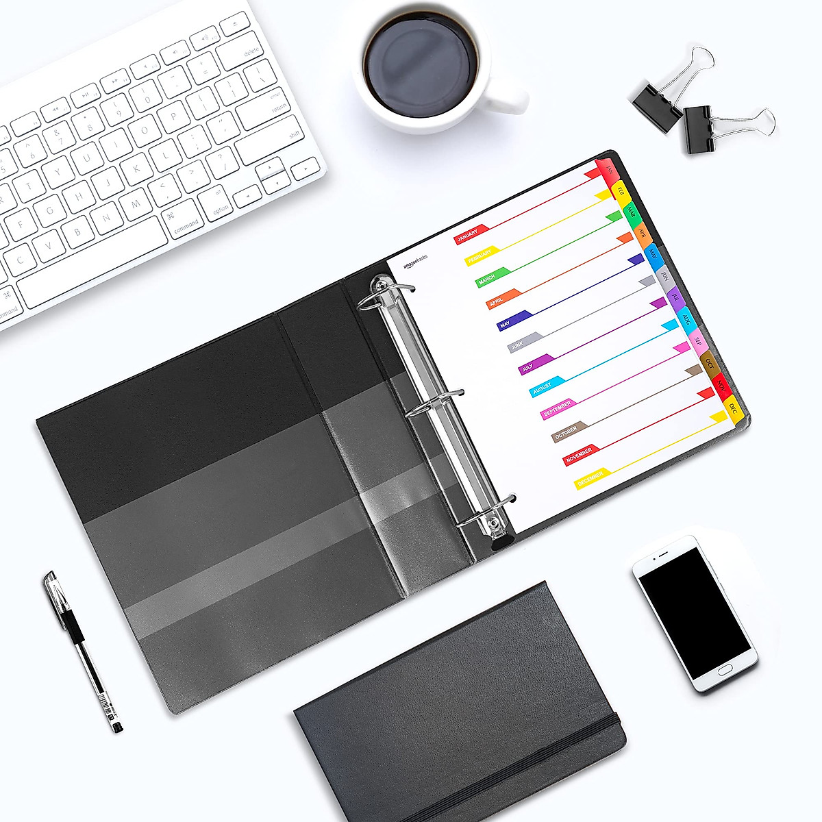 Amazon Basics 12 Tab Monthly Dividers for 3 Ring Binder, Customizable Table of Contents Page, Multicolor, 10-Pack