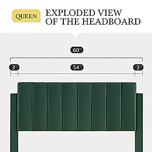 HOOMIC Queen Size Platform Bed Frame with Velvet Upholstered Plush Vertical Channel Headboard, No Box Spring Needed, Easy Assembly, Green