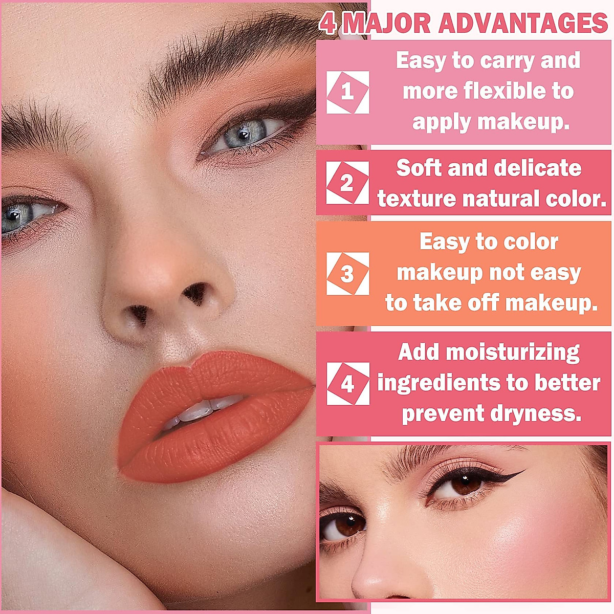 Cream Blush Stick with Brush,Waterproof Blush Makeup,Long Lasting 3 In 1 Cheek Blush & Lip Tint & Eye Shadow Makeup Stick,Easy To Use Blends Effortlessly,Cream Blush Makeup for All Skin Tones - Cherry Pink