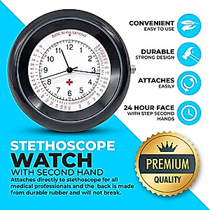 Nurse Stethoscope Watch with Second Hand - Black - Attaches Directly to Stethoscope for All Medical Professionals