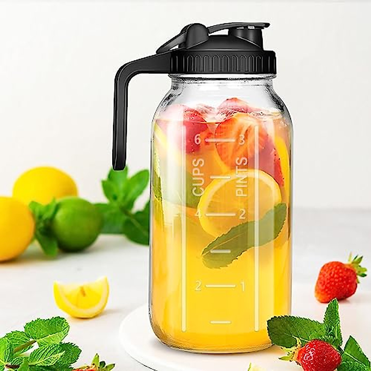 Nevfiro Mason Jar Pitcher with Pour Spout Handle Lid, 2Pack 32OZ Thick Glass Pitcher with Lid, Leak-proof Glass Pitcher Wide Mouth for Brew Coffee, Ice Beverage, Juice, Lemonade, Sun Tea, Fruit Drink