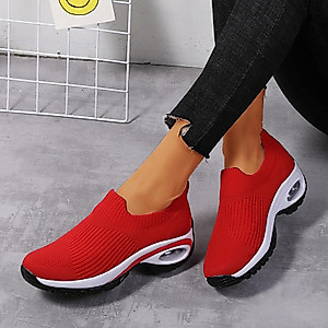 Hbeylia Fashion Platform Wedge Walking Shoes for Women Ladies Slip On Mesh Air Cushion Breathable Blade Non Slip High Heels Fitness Running Sport Sneakers Fall Dress Shoes for Jogging Work Nurse Red