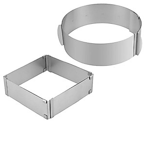 MOTZU 2 Pieces Cake Mold, Stainless Steel Mousse Cake Rings, Adjustable Mould, Cake Baking Cake Decor Mold Ring, Cake Collar, Chocolate and Cake Decorating Roll(Square + Round), 6-12 Inch
