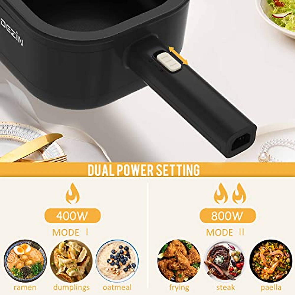 Dezin Hot Pot Electric with Steamer, 2L Non-Stick Ceramic Coating Electric Pot, Multifunction Cooker for Ramen, Soup & Oatmeal, Portable Hot Pot with Power Control for Dorm, Office, Travel (Silicone Spatula Included)
