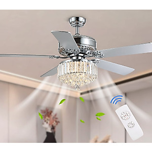 NOXARTE 52 inch Crystal Ceiling Fan with Lights, Modern Chrome Chandelier Ceiling Fan, Quiet Motor, 5 Reverse Wood Blades Crystal Fandelier Ceiling Fan Light Kit for Bedroom Living Dining Room