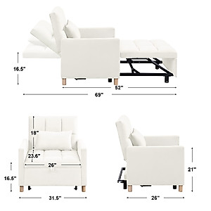 HANLIVES 3-in-1 Single Convertible Chair Bed,Sleeper Sofa Chair Bed with Pillow,Multi-Functional Sleeper Chair with Adjustable Backrest,pullout Sofa Bed with Velvet Fabric for Apartment(White)