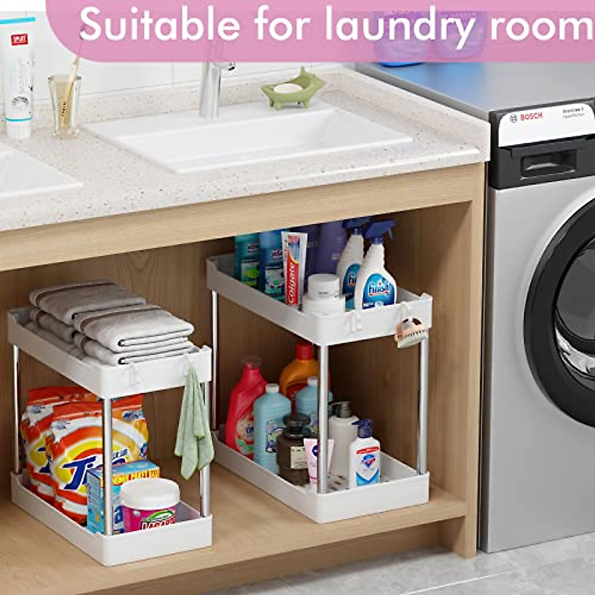 Tailide Under Sink Organizer, 2 Tier Bathroom Cabinet Organizer, Under Bathroom Sink Organizers and Storage, Under Kitchen Sink Organizers and Storage, Cleaning Supplies Organizer, White, 2 Pack