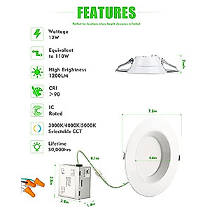 12 Pack LED Recessed Lighting 6 Inch, 3000K/4000K/5000K Selectable Canless 6 inch led recessed light, Dimmable 6in Recessed Lighting LED,12W 1200LM (110W Eqv.) CRI90 Wafer Lights 6 inch -IC Rated