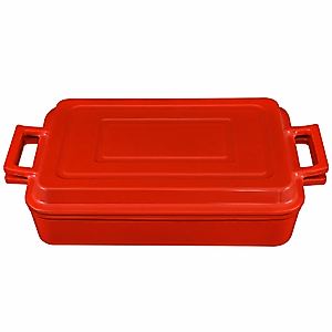 Flavehc Cast Iron Casserole Dish with Skillet Lid 9"x13" Rectangle Casserole Dishes for Oven Cast Iron Baking Dish Cast Iron Lasagna Pan Lasagna Baking Dish Red