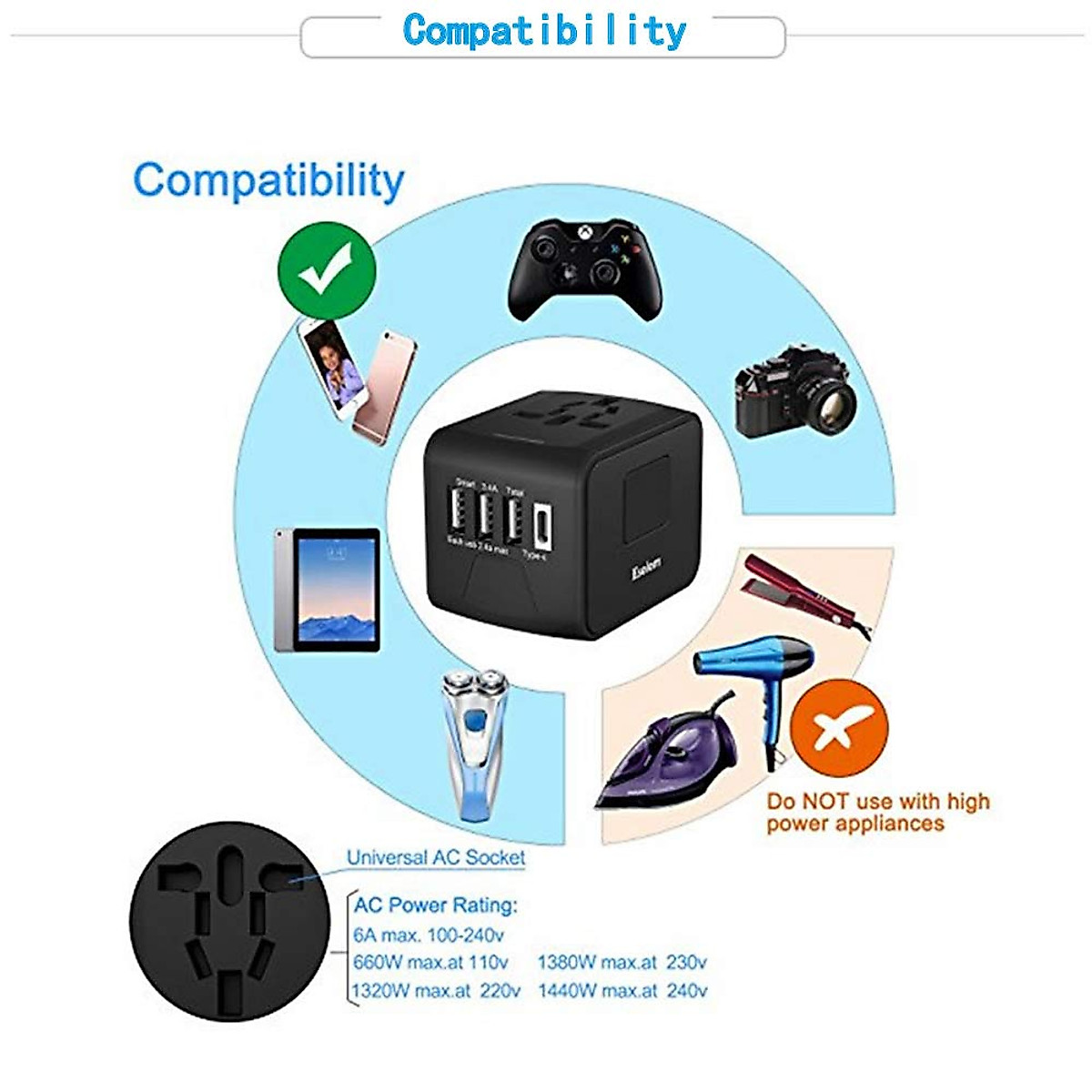 Universal Travel Adapter,All in One Universal Power Adapter for 150 Countries 3usb+Type C (Black)