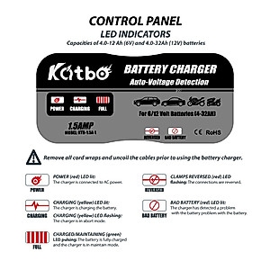 Katbo Battery Charger Automatic Maintainer 6V 12V Automatic Smart for Auto Car Motorcycle Lawn Mower ATVs RVs AGM Gel Lead Acid Batteries