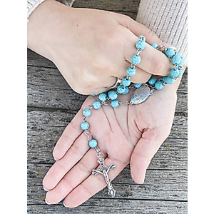 Nazareth Store Sky Blue Marble Stone Beads Rosary Turquoise Beaded Necklace Catholic Miraculous Medal & Jesus Cross