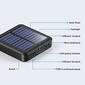 Solar Power Bank 12000mAh,Small Solar Charger Built in 4 Cables,USB C Input/Output,Dual Flashlight External Battery Portable Charger Power Bank for iPhone15/14/13/12/11/10/9/8,Tablet,Samsung (black)
