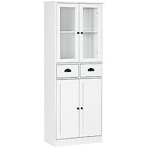 HOMCOM 61" Freestanding Kitchen Pantry, Traditional Style Storage Cabinet with Soft Close Doors, Adjustable Shelves, and 2 Drawers, for Living Room, Dining Room, White